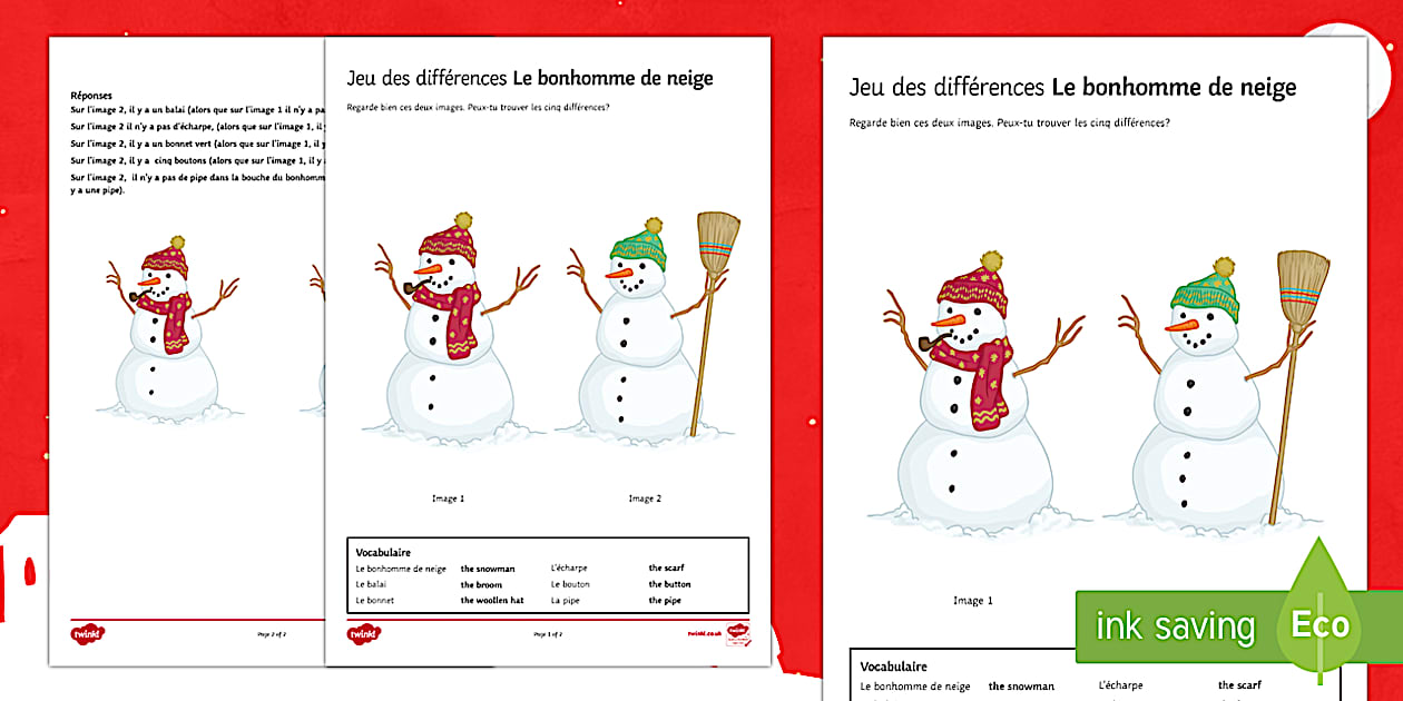 Snowman Spot the Differences Worksheet / Worksheet French