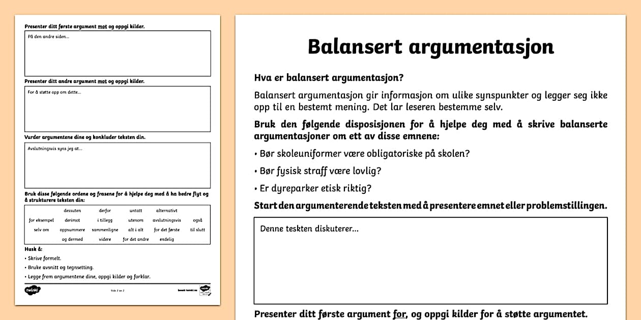 Skriv en balansert argumenterende tekst | Skriveramme