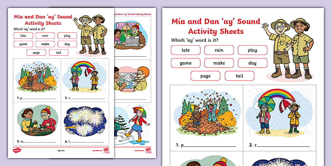 Mia and Dan 'ay' Sound Activity Sheets (teacher made)