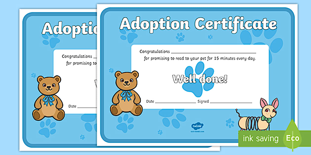 Editable Adopt a Reading Pet Certificate (professor feito)