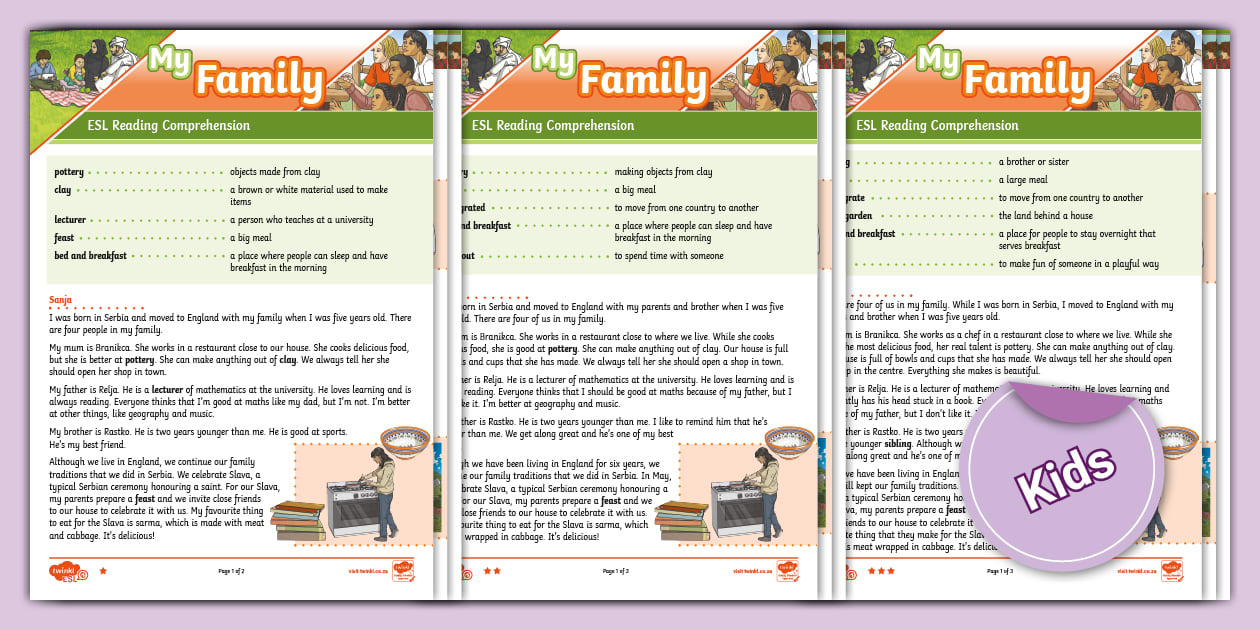 ESL My Family Reading Comprehension (teacher made) - Twinkl