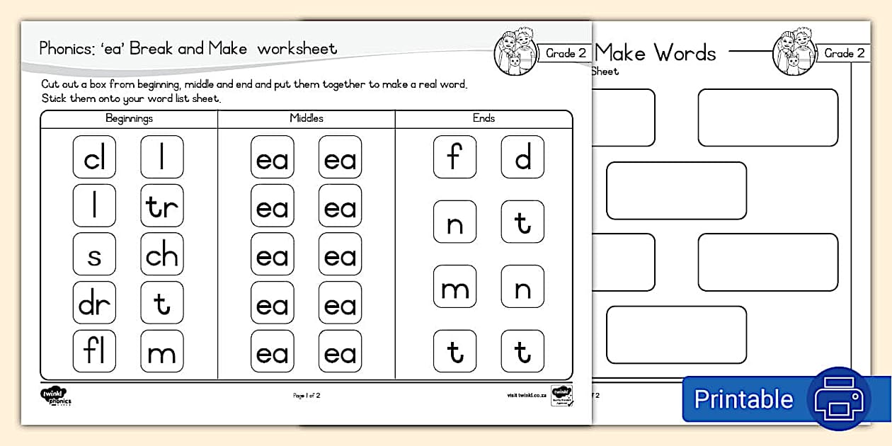 Grade 2 Phonics: Break and Make worksheet − ea - Twinkl