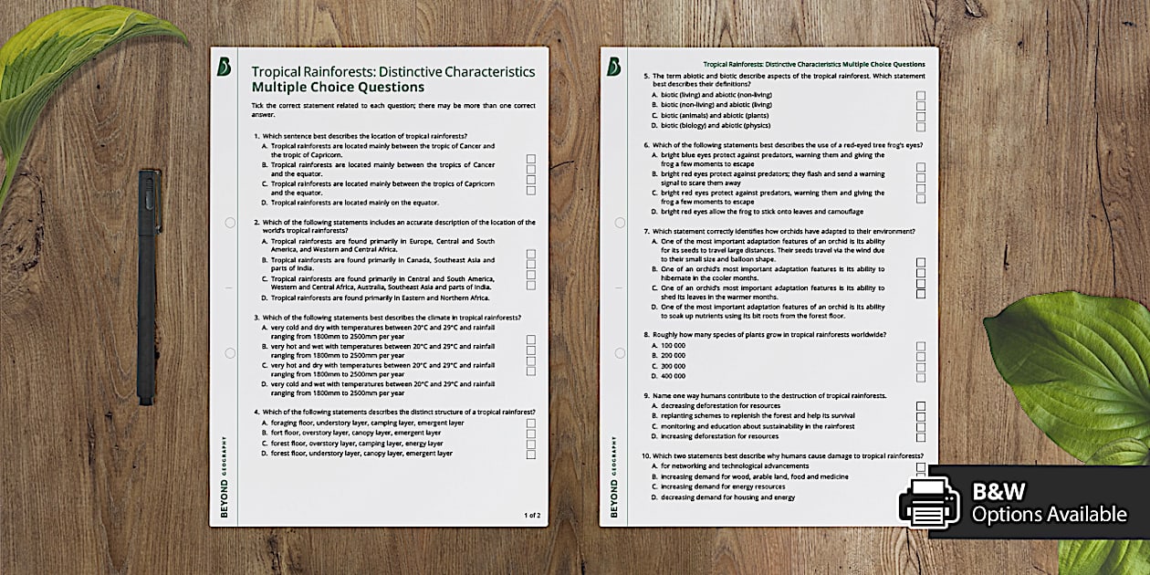 GCSE AQA Tropical Rainforest Distinctive Characteristics MCQ