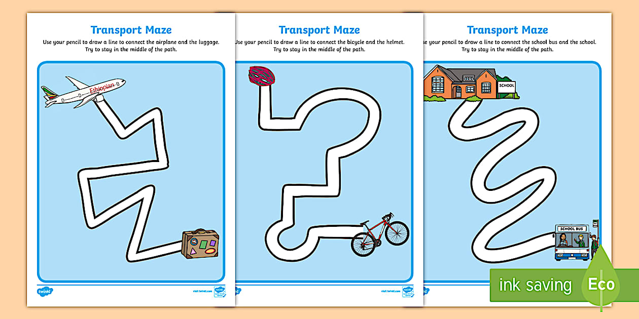 Black and White Transport Pencil Control Path Worksheets