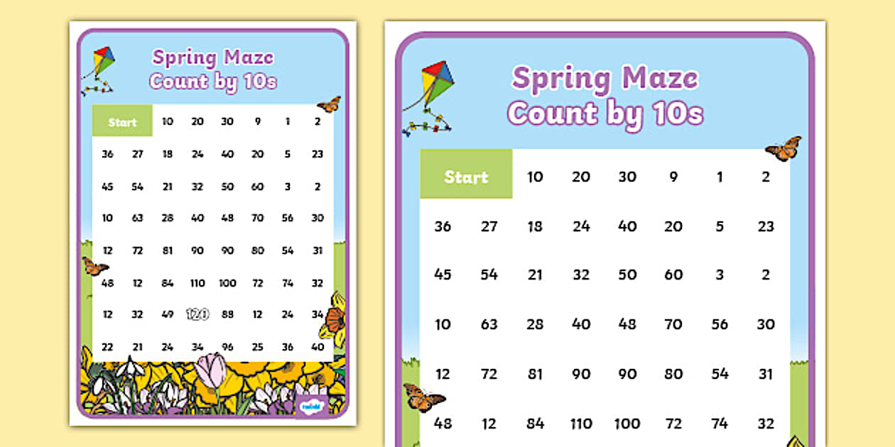 Spring Theme Counting by 10s Maze Worksheet (teacher made)