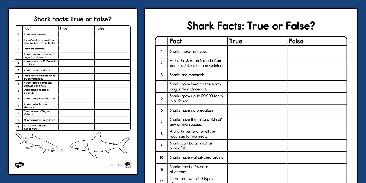True or False Shark Questions Activity Worksheet | Twinkl USA