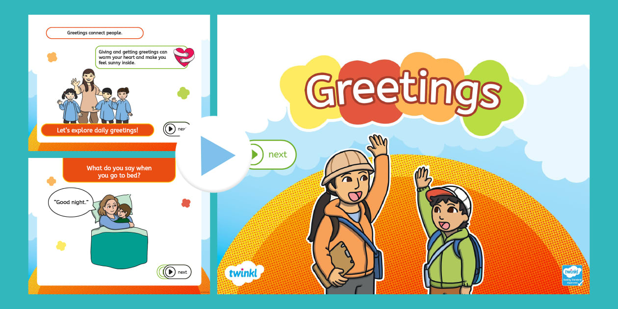 一日を通して使う挨拶について小学校一年生が学べるPPT教材。Greetings to use throughout the day. ｜Twinkl