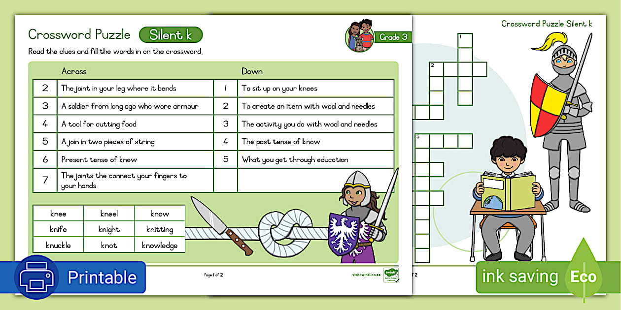 Grade 3 Phonics Crossword Puzzle silent k - Twinkl