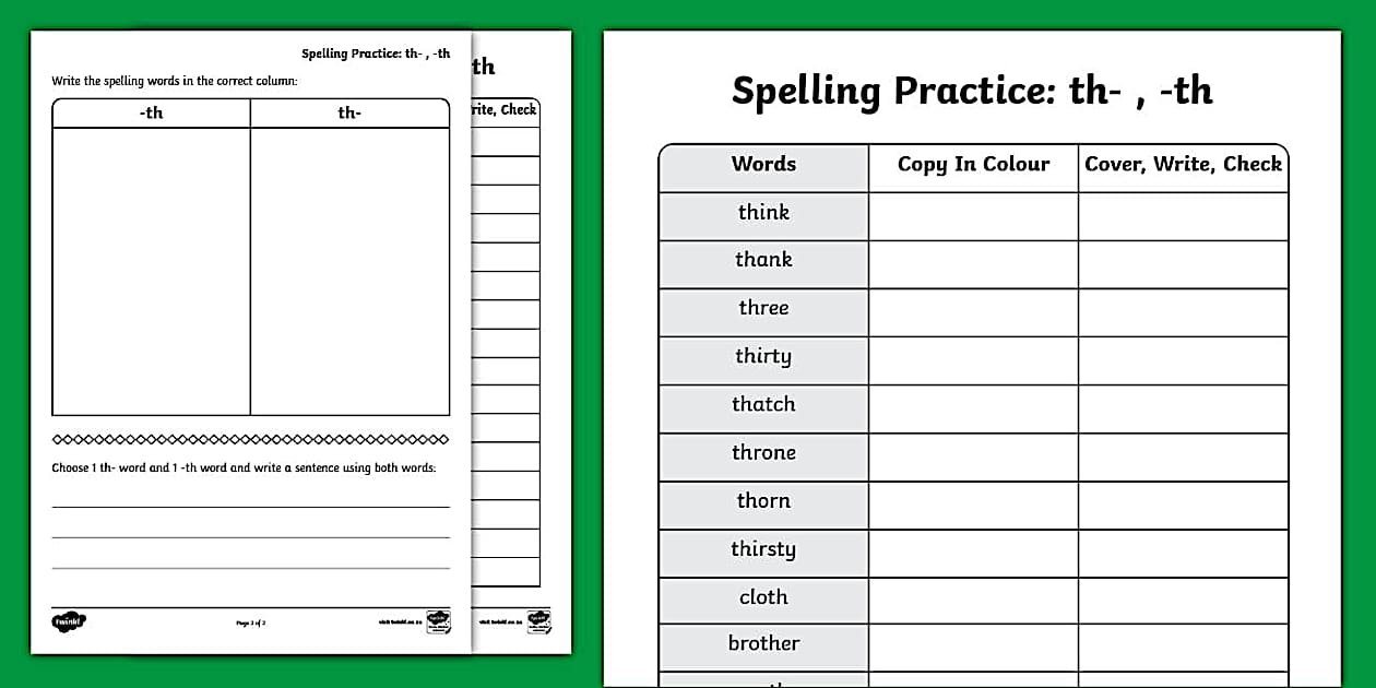 Grade 3 th- , -th Phonics Spelling Practice Sheets - Twinkl