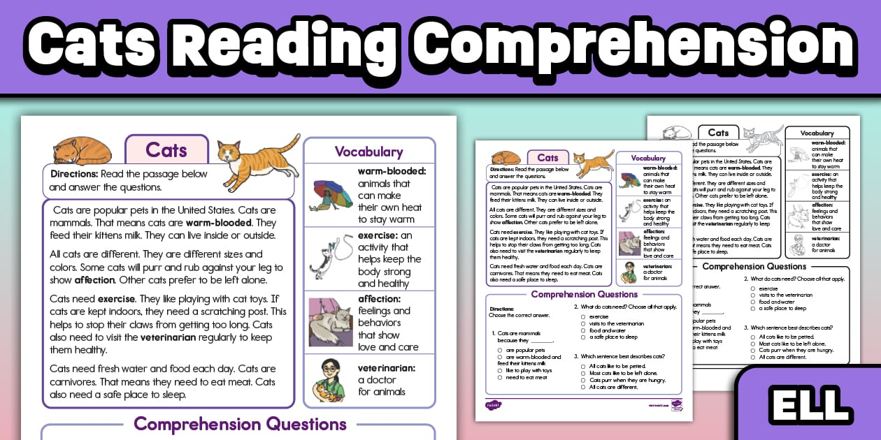 Cats Reading Passage Comprehension Worksheet for ELL