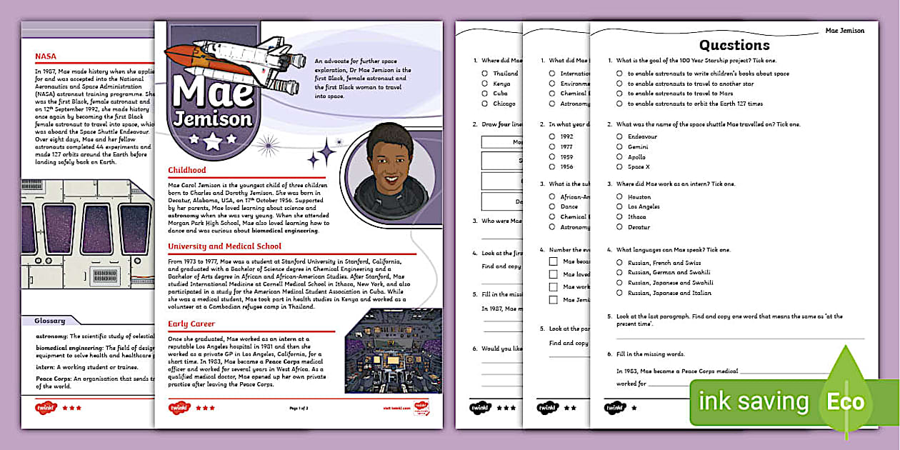LKS2 Mae Jemison Differentiated Comprehension Activity