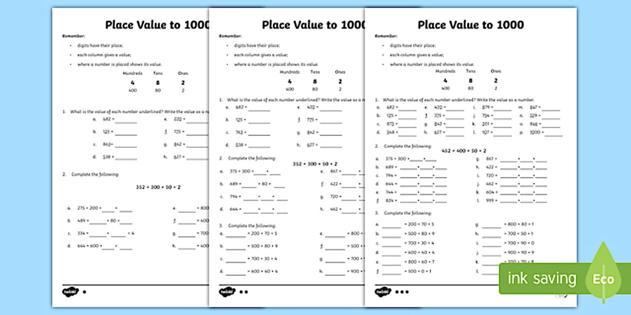 Place Value to 1000 Differentiated Worksheets | Twinkl