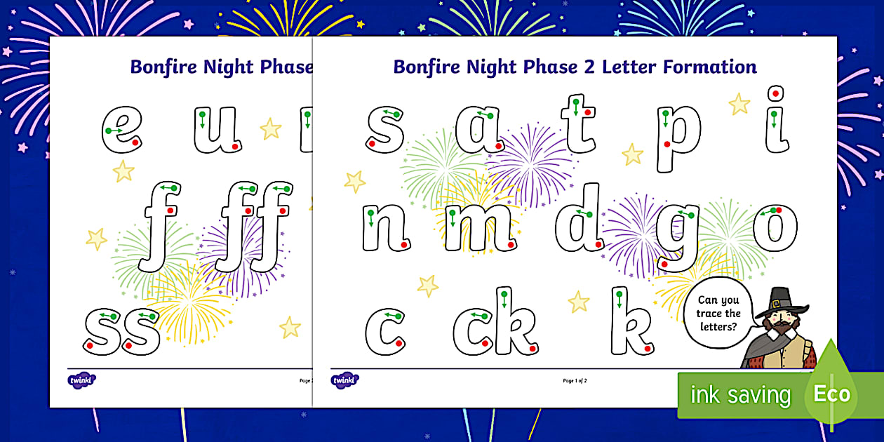 Bonfire Night Themed Phase 2 Grapheme Letter Formation Worksheet ...