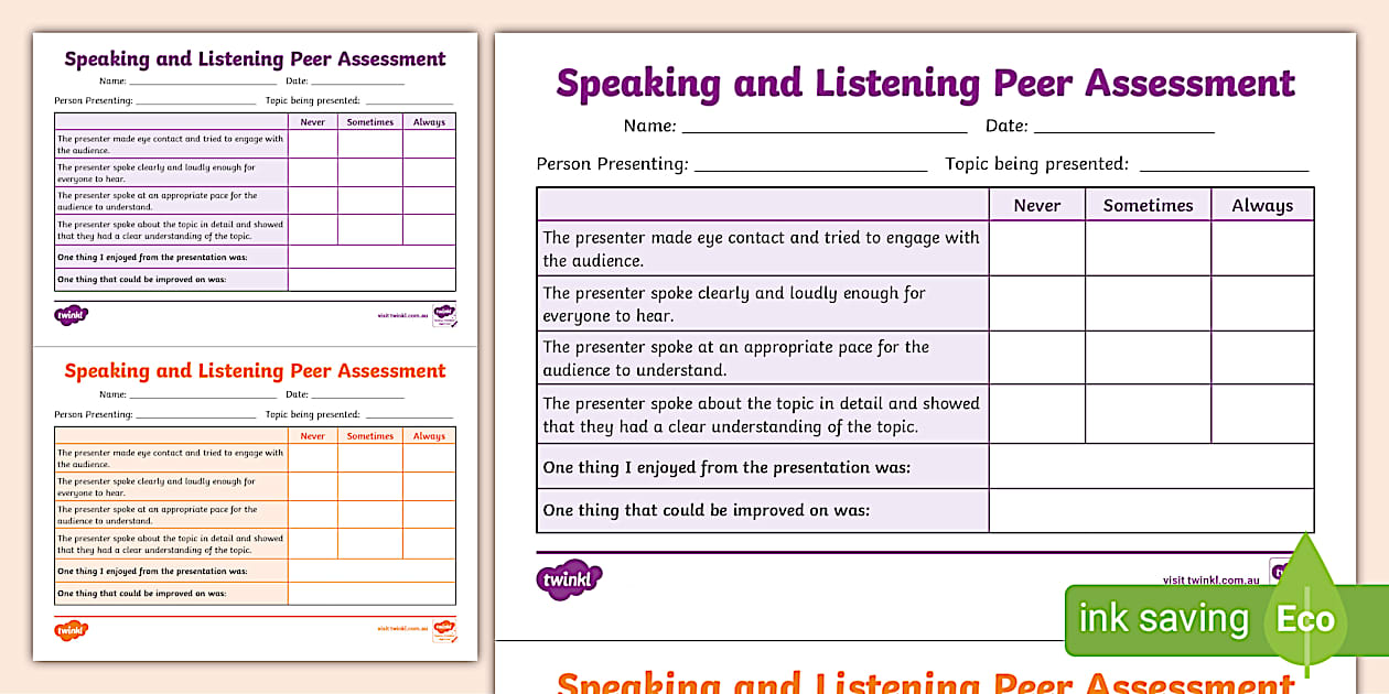 Editable Speaking and Listening Peer Assessment and Feedback