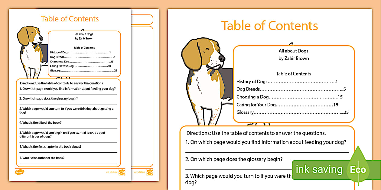 Table of Contents Worksheet for 1st-2nd Grade - Twinkl