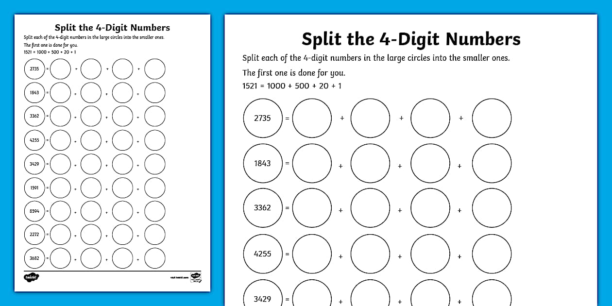 Split the 4-Digit Numbers Activity Sheet (teacher made)