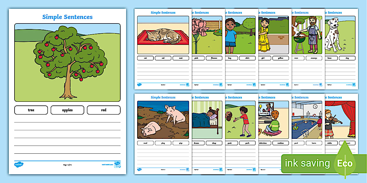 Black and White Creating Simple Sentences Worksheet Pack