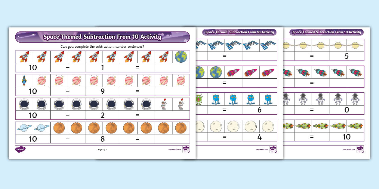 👉 Space-Themed Subtraction From 10 Activity - Twinkl
