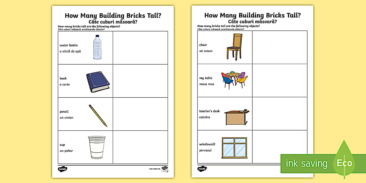 Black and White How Many Building Bricks Tall? Worksheet English/Romanian