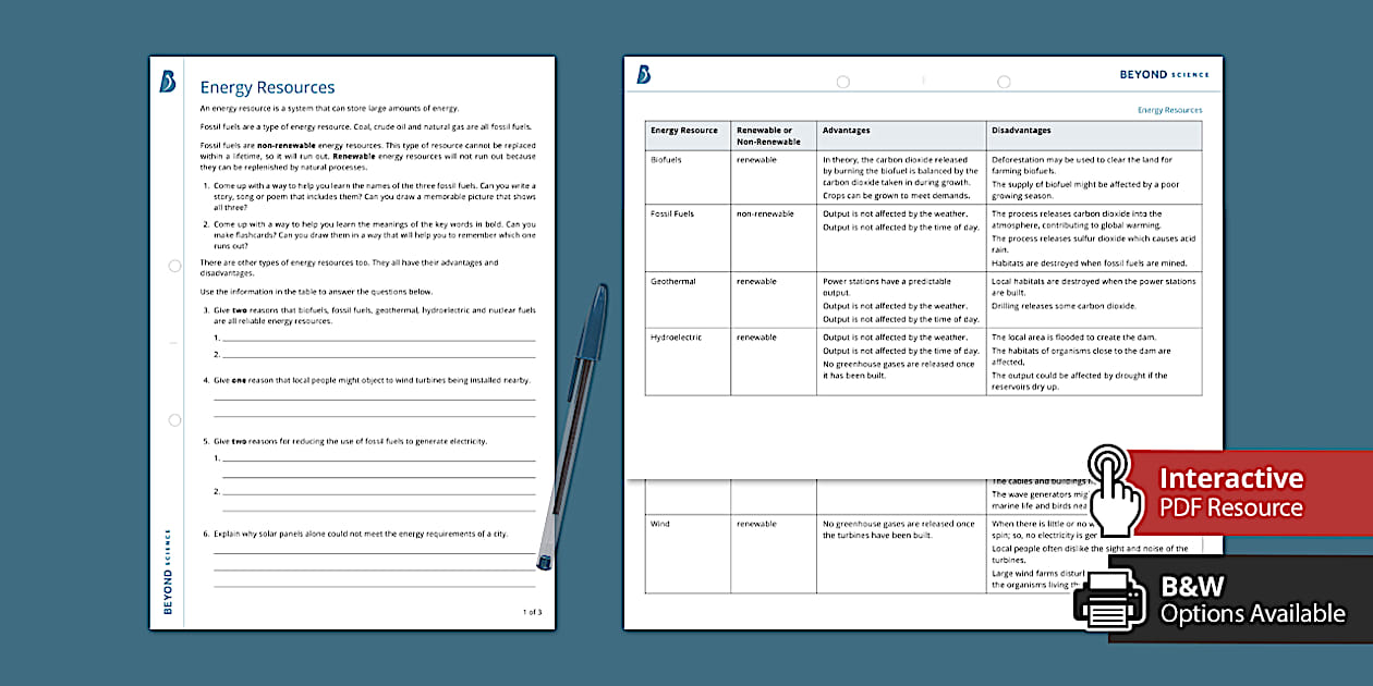Energy Resources Independent Learning Worksheet - Twinkl