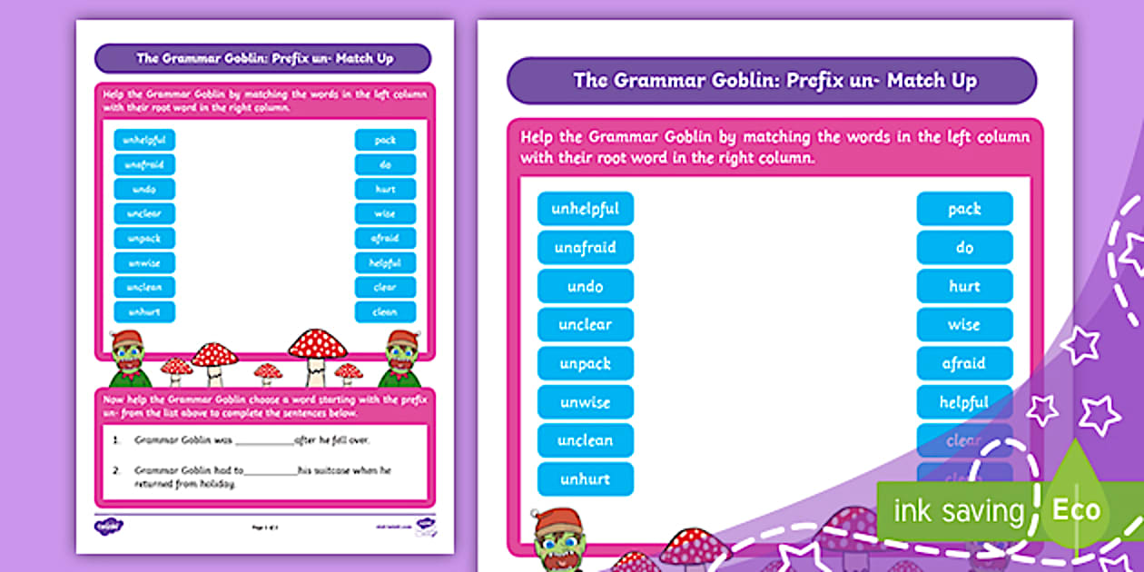 Black and White The Grammar Goblin: Prefix un- Match Up Worksheet