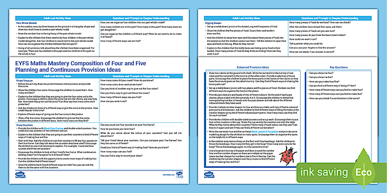 EYFS Maths Mastery Composition of 4 and 5 Planning and Continuous Provision