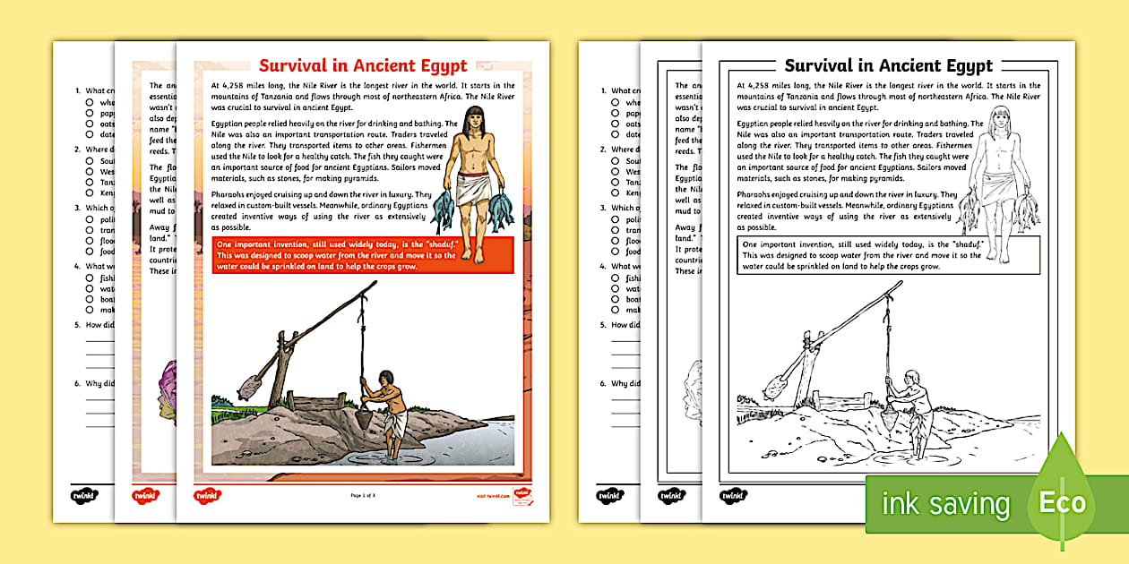 Fifth Grade Survival in Ancient Egypt Reading Comprehension Worksheet