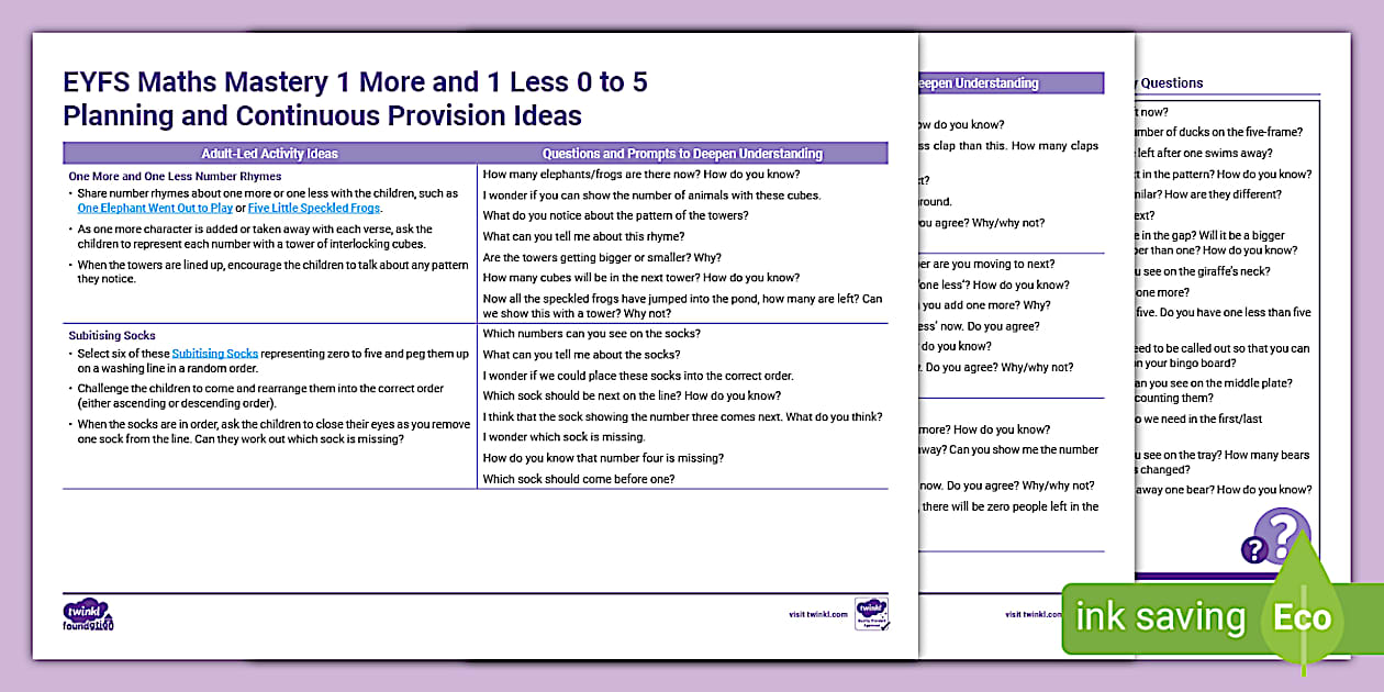 EYFS Maths 1 More & 1 Less 0-5 Planning & Enhancement Ideas EYFS Maths 1 More & 1 Less 0-5 Planning & Enhancement Ideas