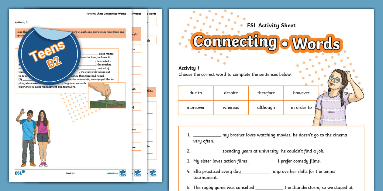 ESL Connecting Words Grammar Activity Sheet for Teens