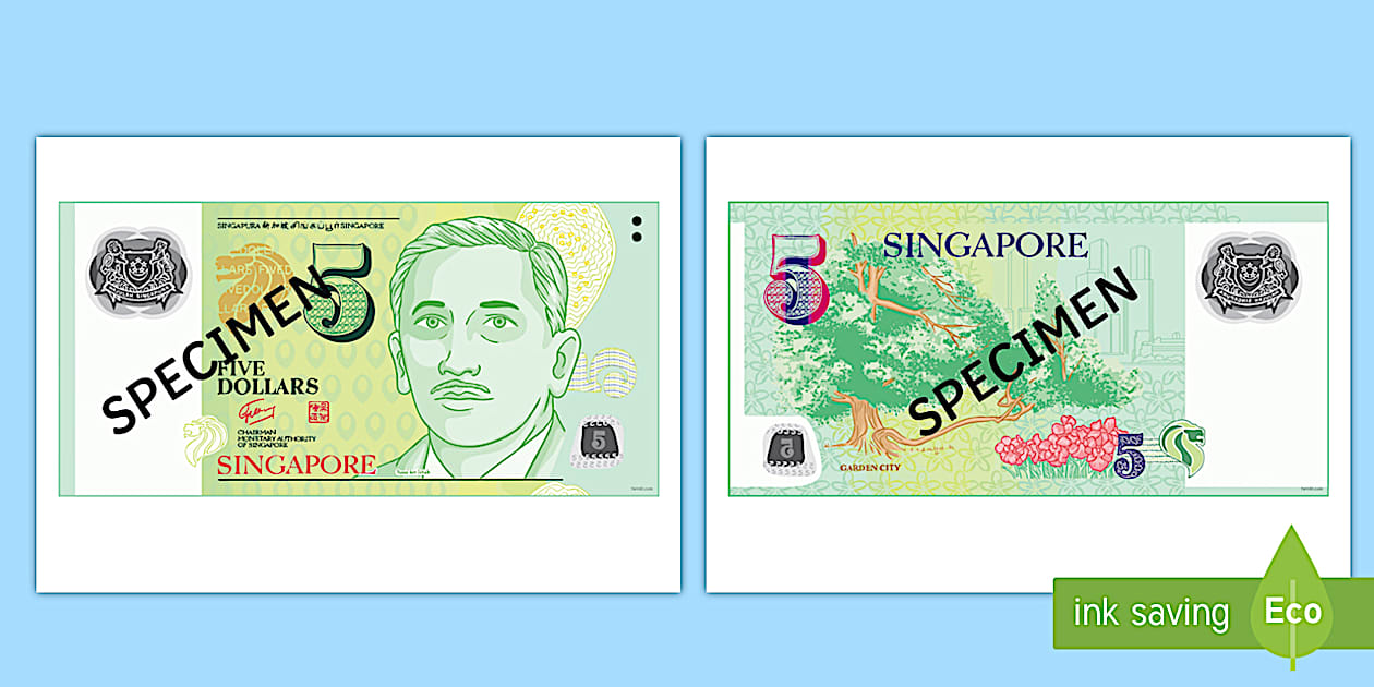 Black and White $5 Singapore Note Display Cut-Outs - Twinkl