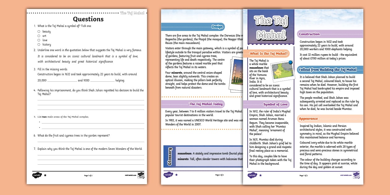 UKS2 Taj Mahal Differentiated Reading Comprehension Activity