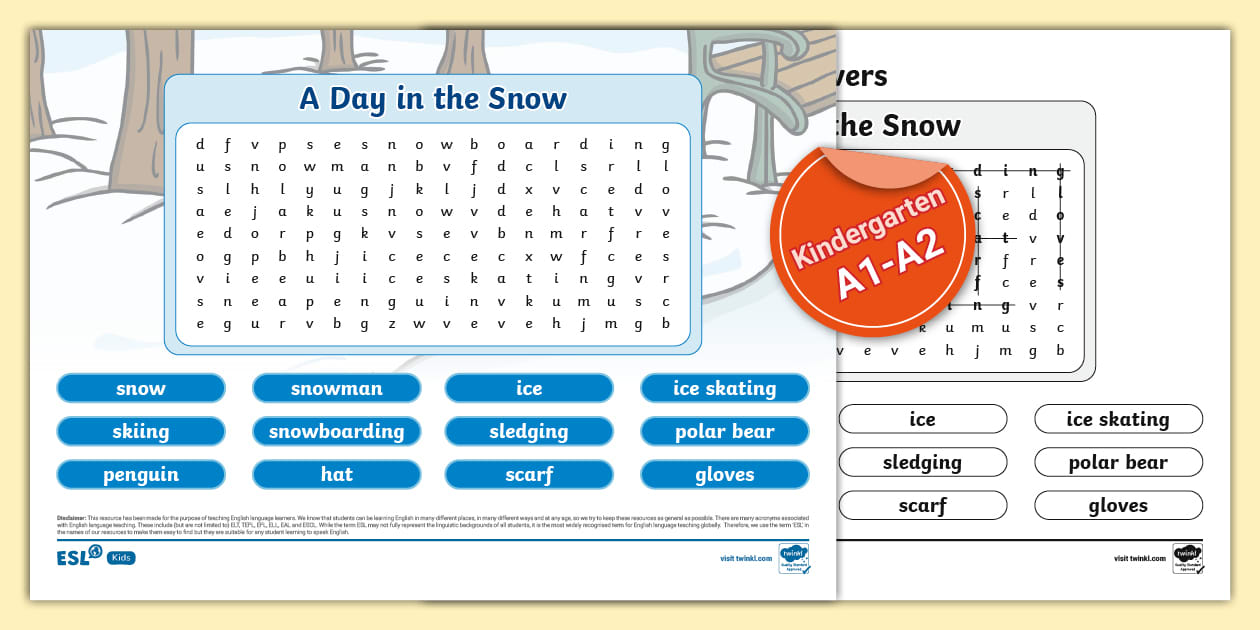 ESL A Day in the Snow Word Search [Kindergarten, A1-A2]
