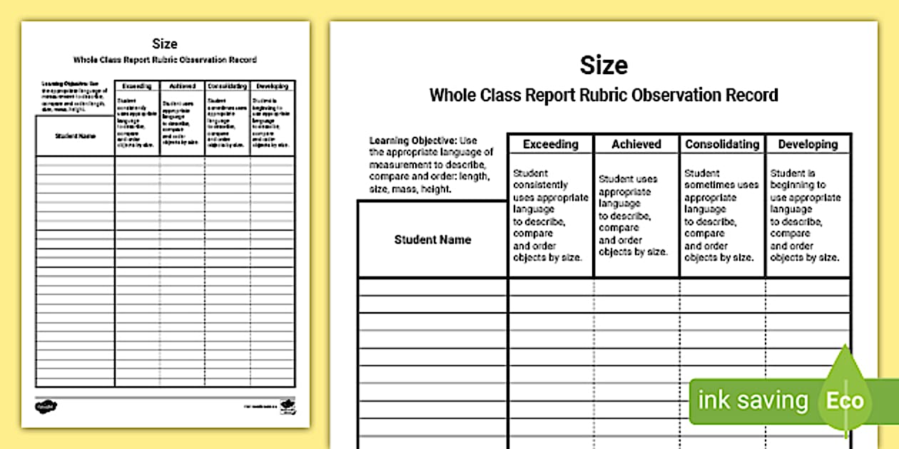 Editable Size Comparison EYLF Assessment Rubric/Guide to Making Judgement