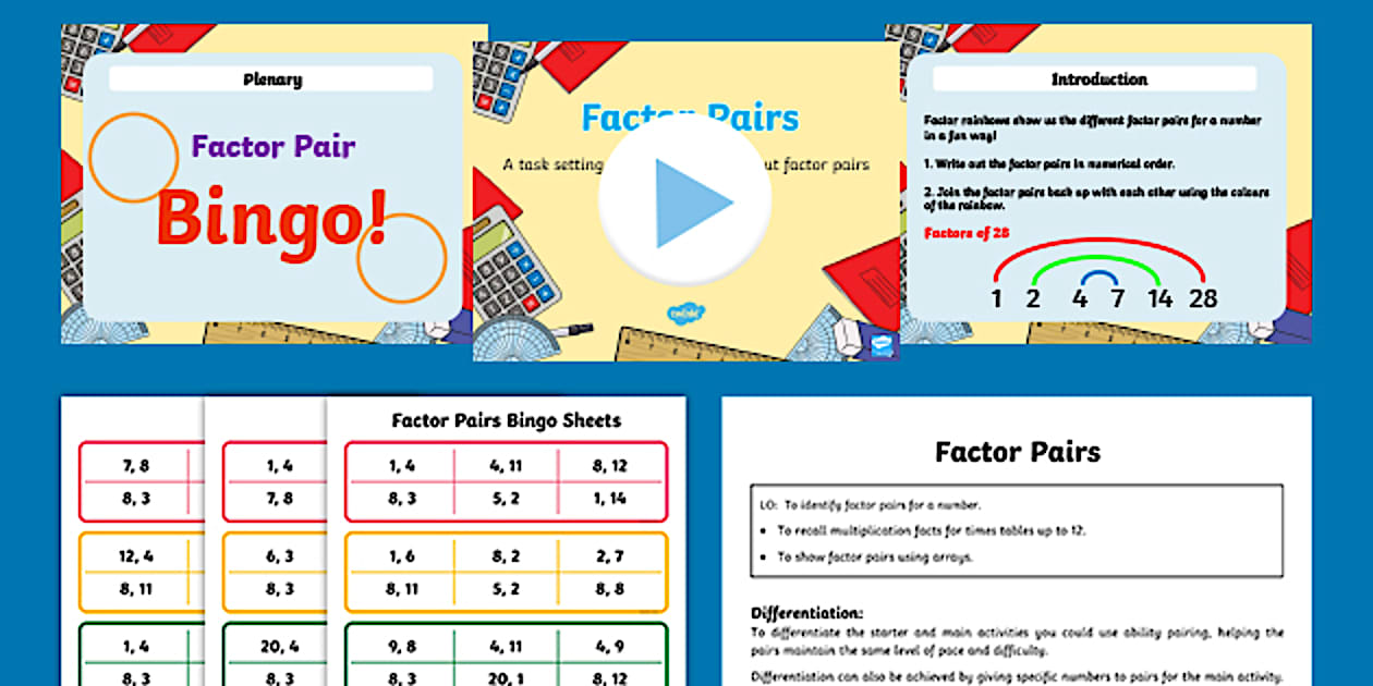Year 4 Factor Pairs PowerPoint Task Setter with Bingo Activity