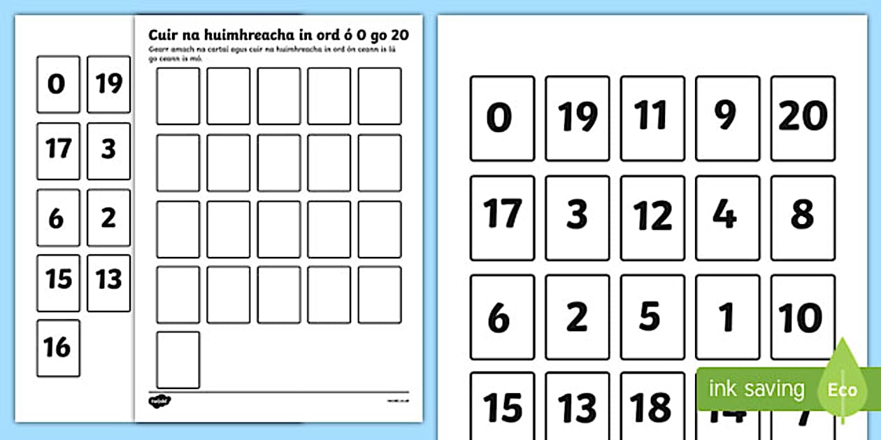 Ordering Numbers 0 to 20 Activity Gaeilge - Twinkl