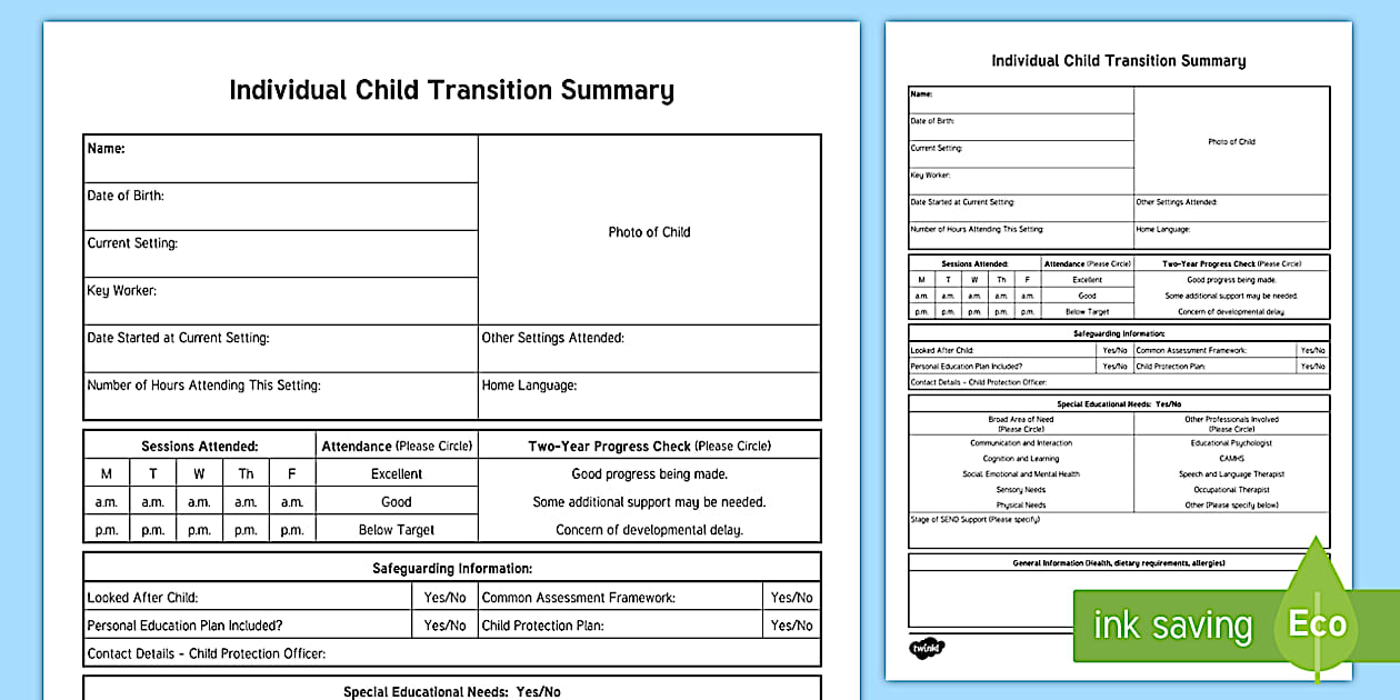 EYFS Safeguarding Individual Child Summary Transition Sheet