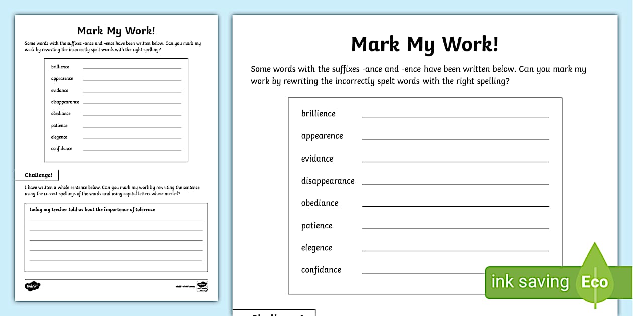 Mark My Work! -ance and -ence Suffixes Spellings - Twinkl
