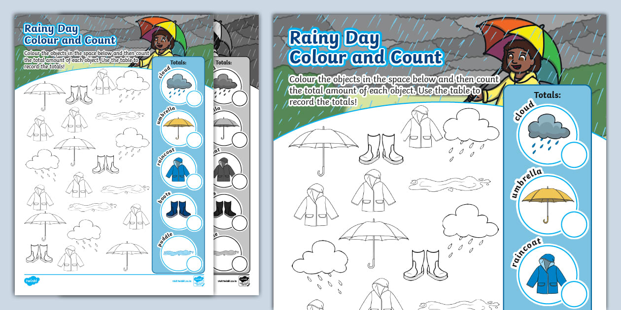 Rainy Day Colour and Count Worksheet (teacher made) - Twinkl