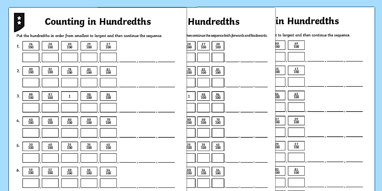 Lower Ability Ordering and Counting in Hundredths Differentiated Worksheets