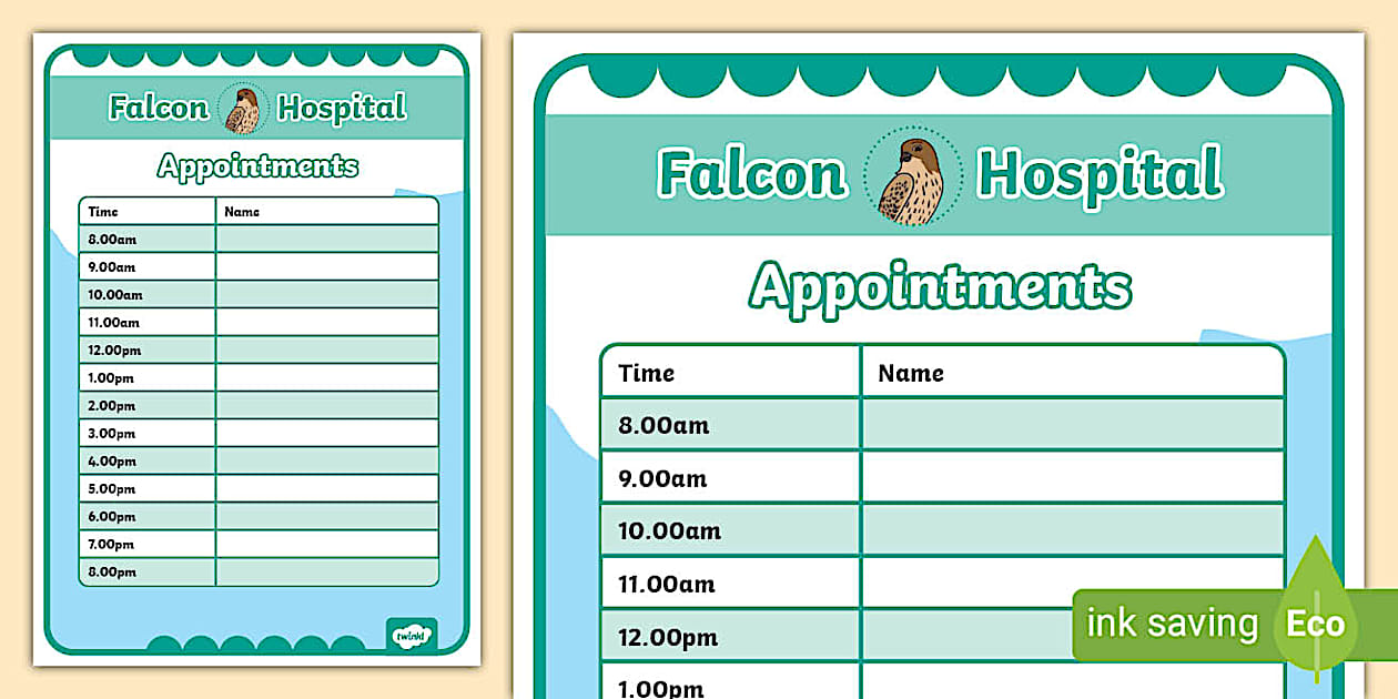 Falcon Hospital Role Play Appointment Schedule - Twinkl