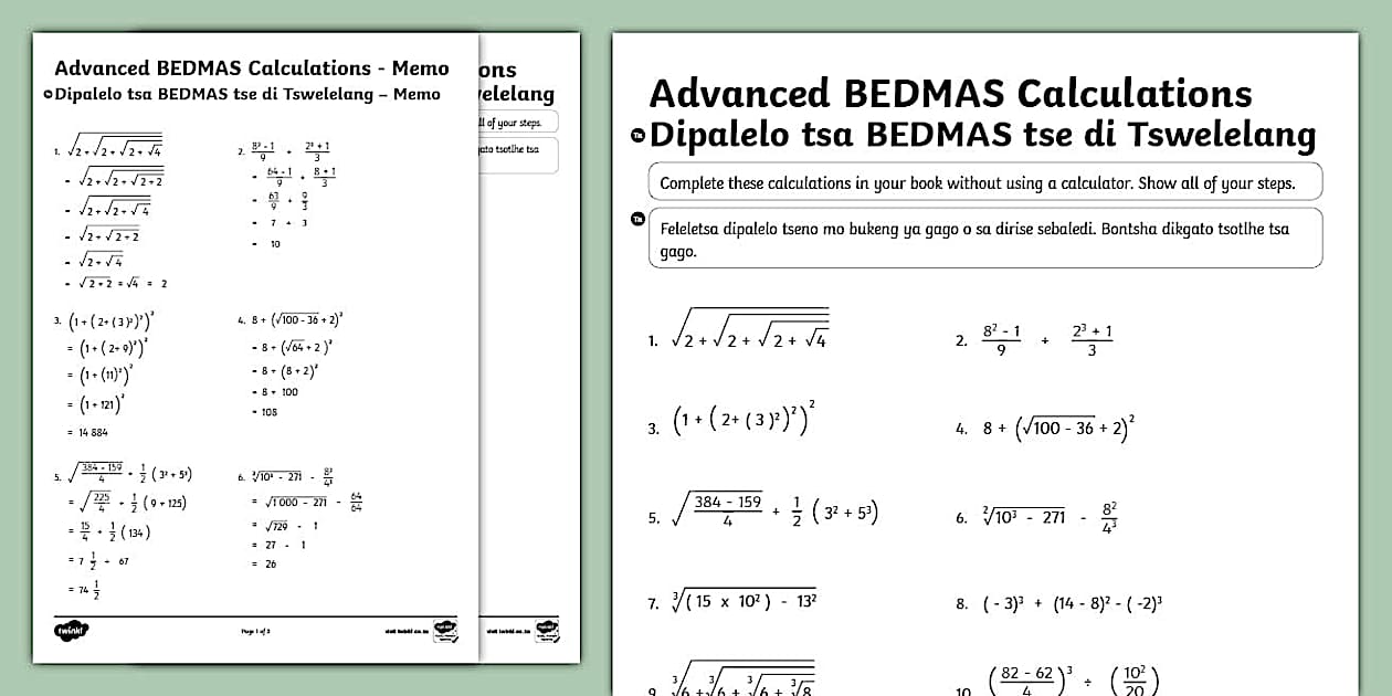 Advanced BEDMAS Calculations Setswana (teacher made)