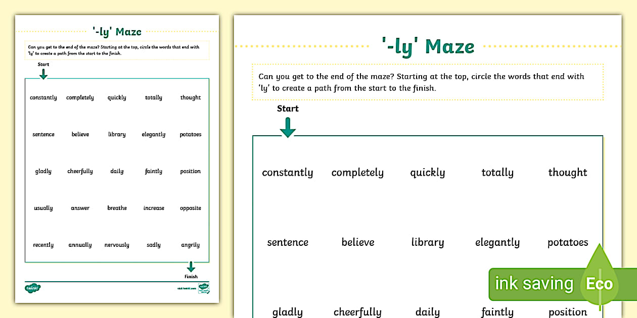 '-ly' Maze Worksheet (Teacher-Made) - Twinkl