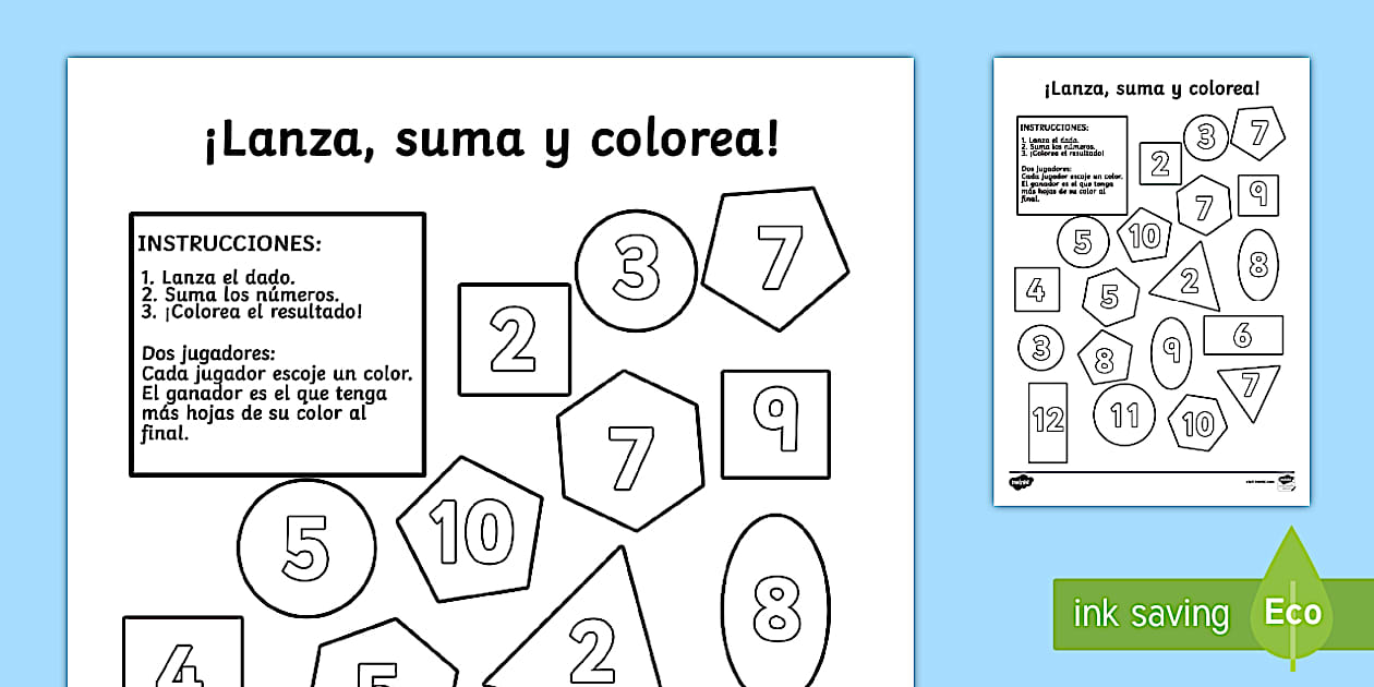 Ficha para contar y sumar: Lanza el dado, suma y colorea formas 2D ...