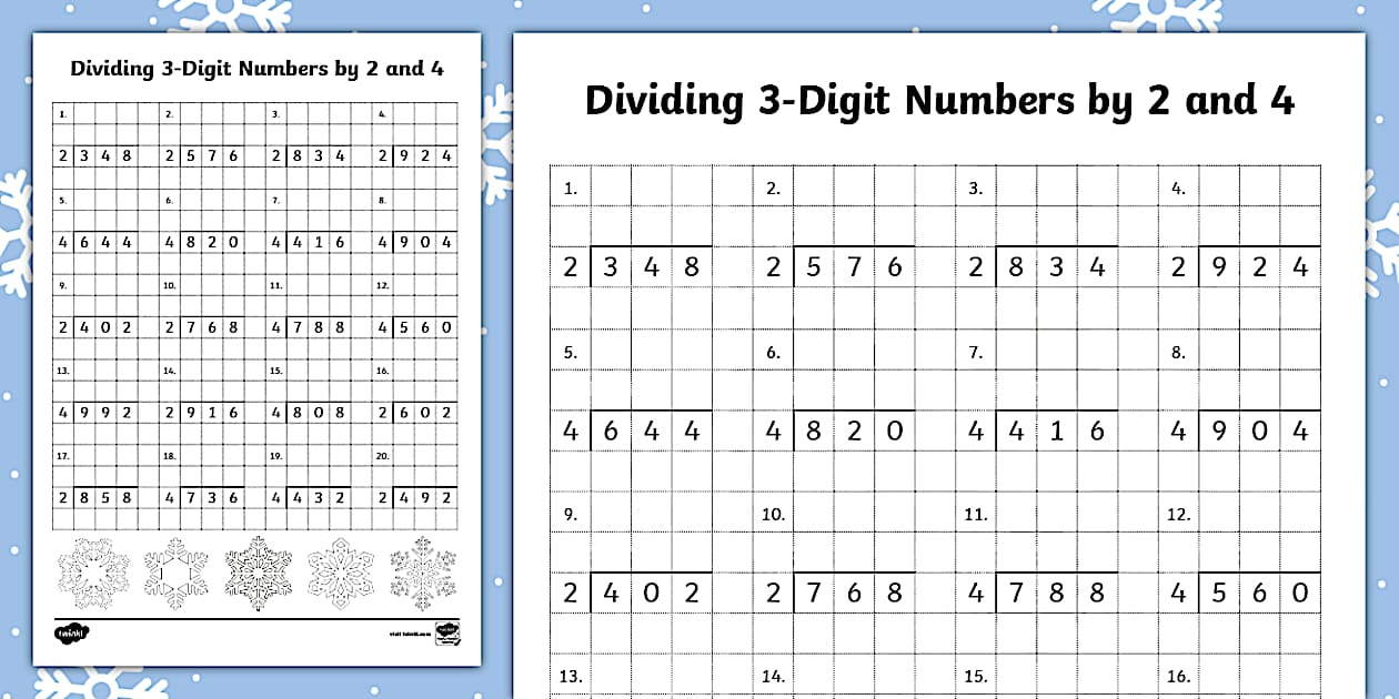 Winter Dividing 3-Digit Numbers by 2 and 4 on Squared Paper