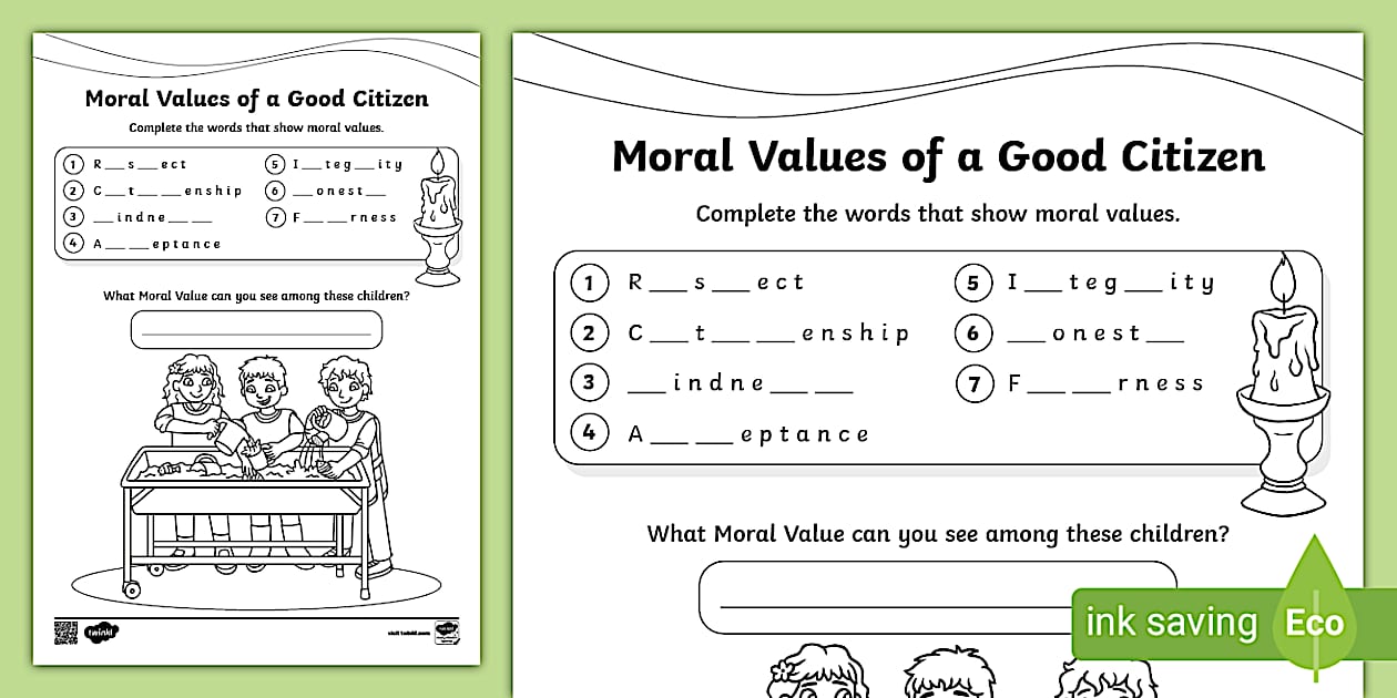 Moral Values of a Good Citizen Worksheet (teacher made)