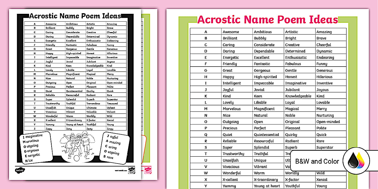 Word List for Acrostic Name Poems (Lehrer gemacht) - Twinkl