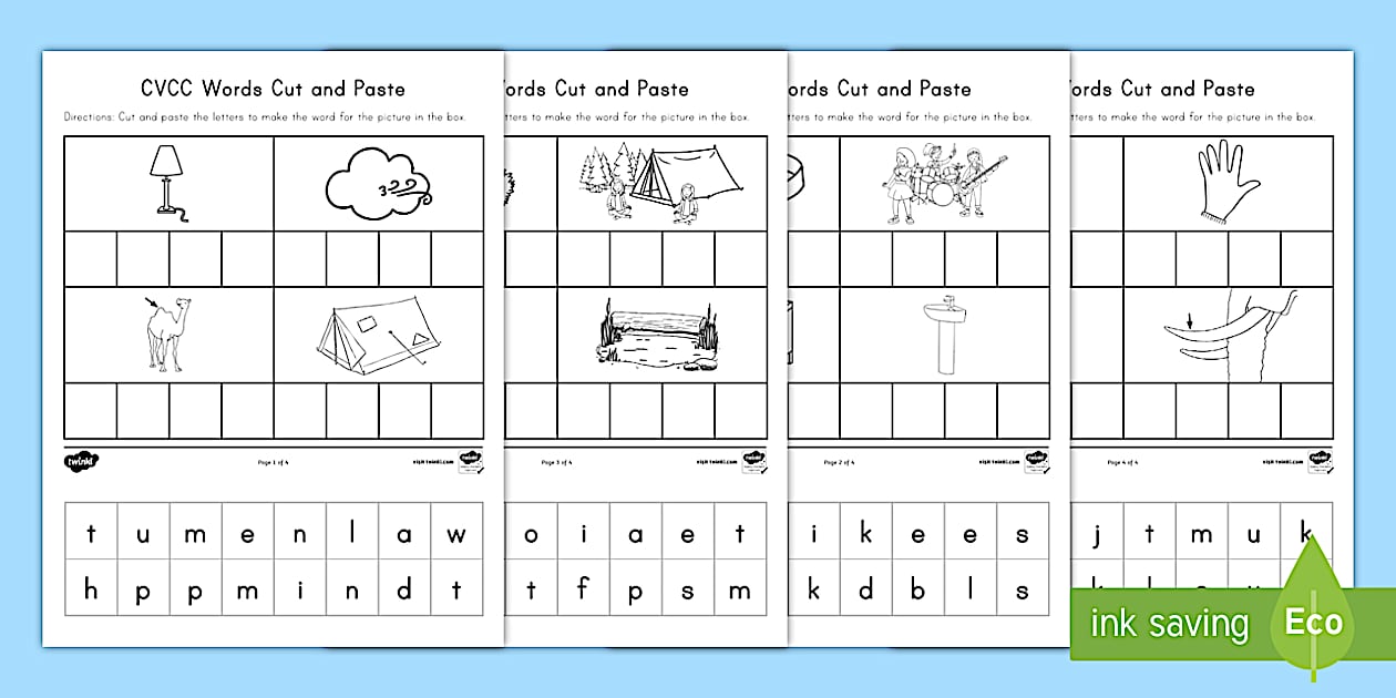 CVCC Words Cut and Paste Worksheets for K-1st Grade - Twinkl