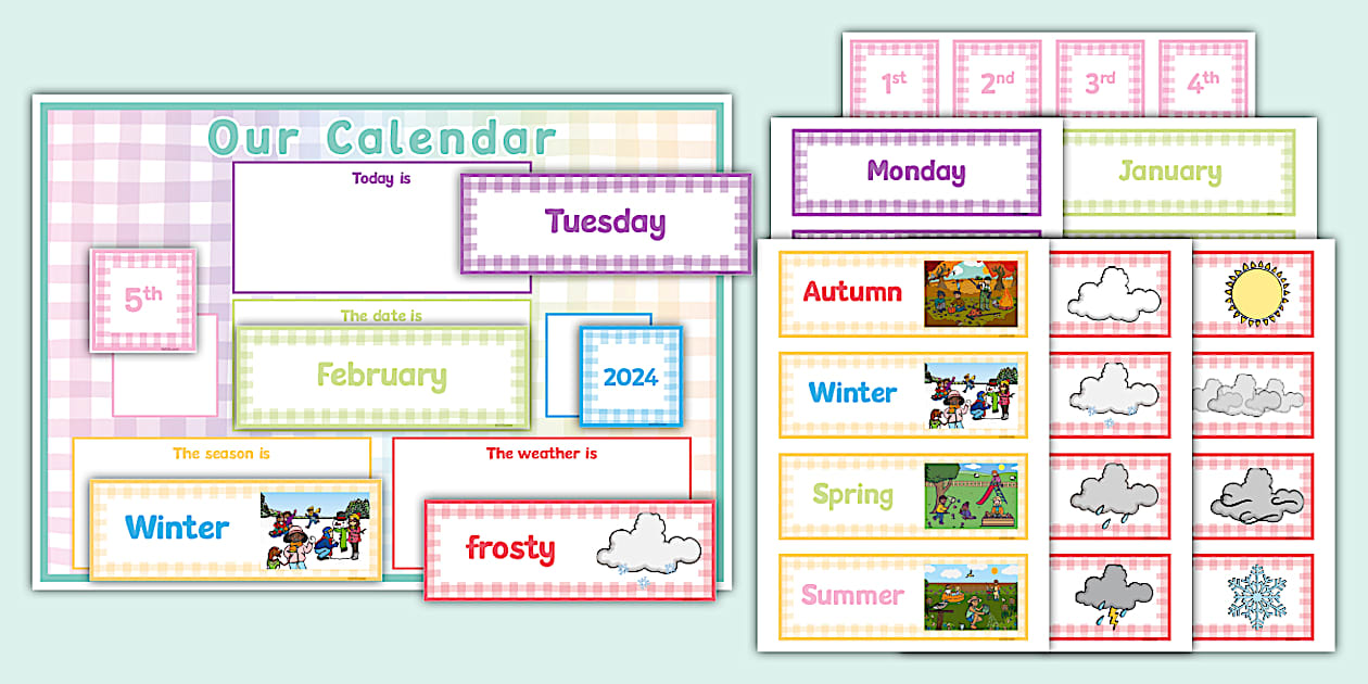 EYFS Bright Gingham Daily Calendar and Weather Chart