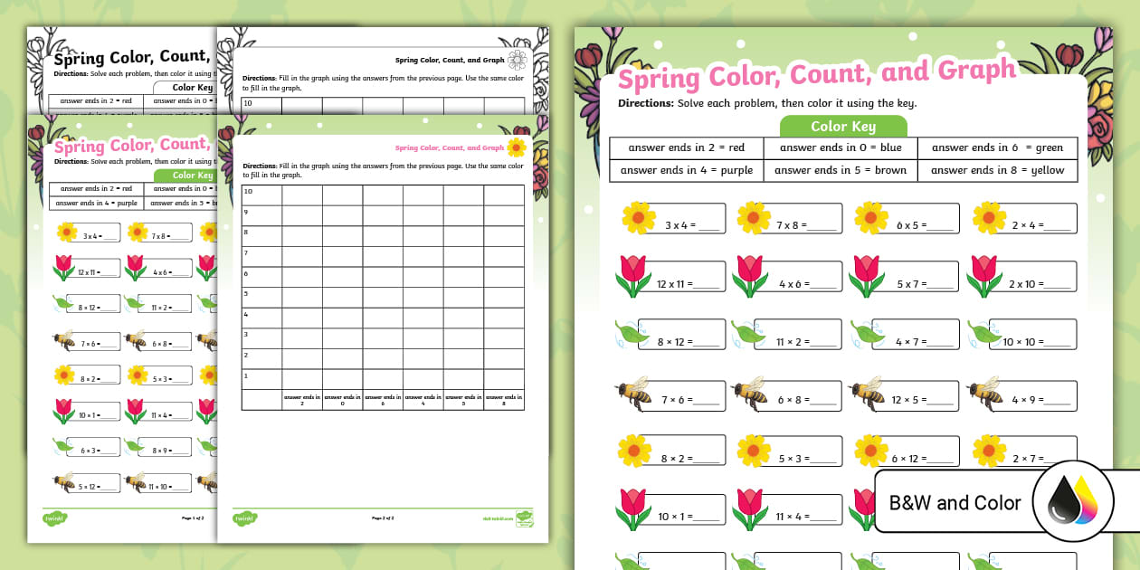 Spring Color, Count, and Graph Multiplication Worksheet for 3rd-5th Grade