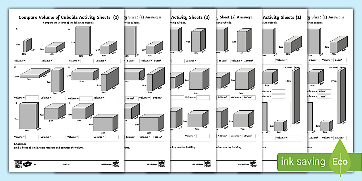Year 6 Compare Volume of Cuboids Differentiated Worksheet / Worksheets